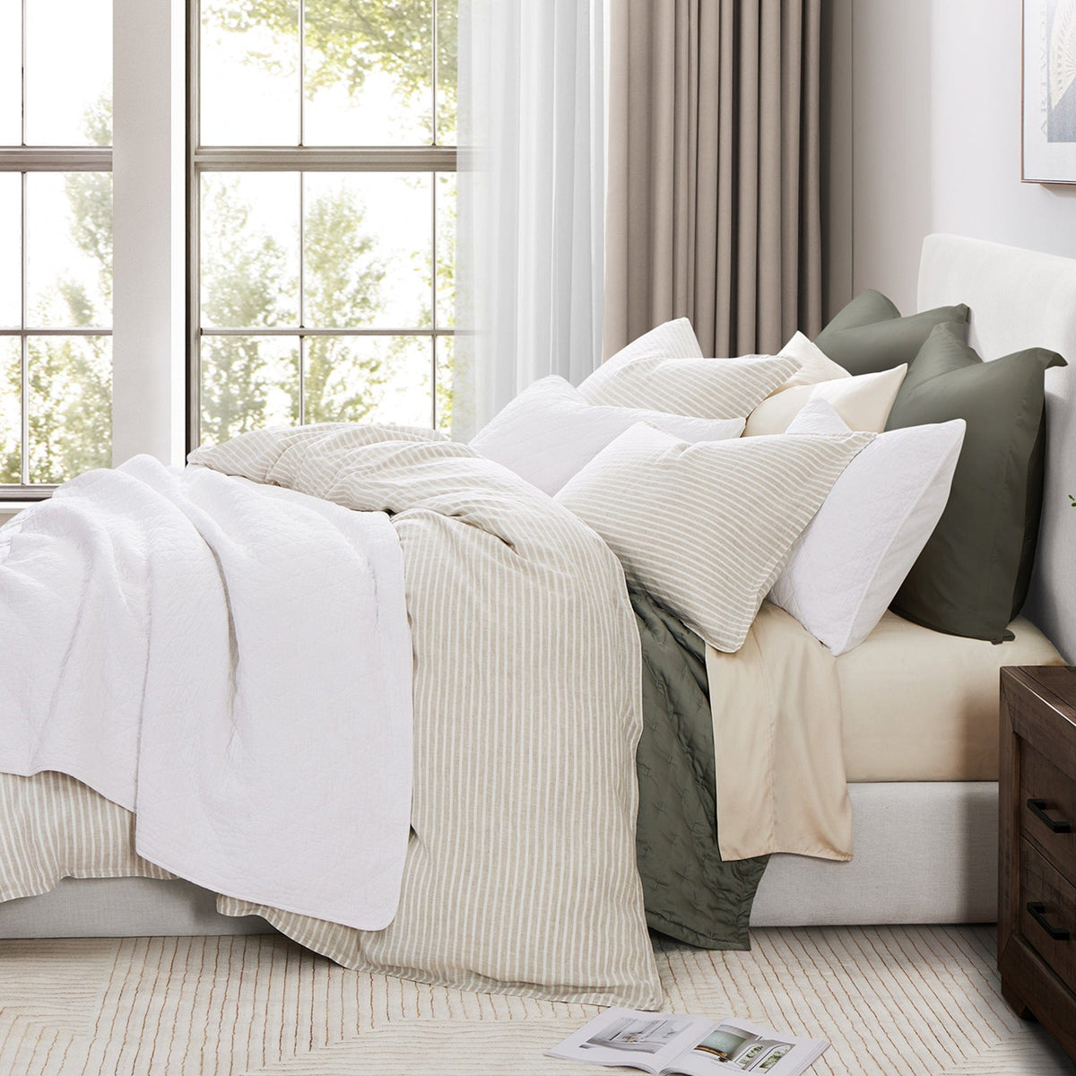 100 French Fax Linen Railroad Stripe Reversible Duvet Covet Set HiEnd Accents
