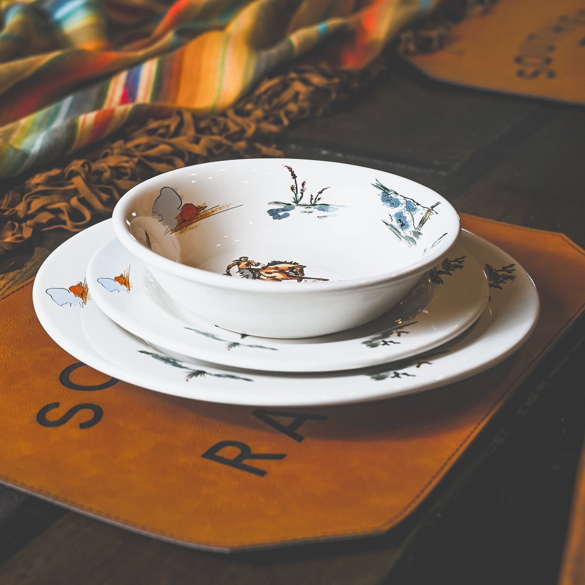 Ranch Life 16PC Ceramic Dinnerware Set, Duffle Bag | HiEnd Accents