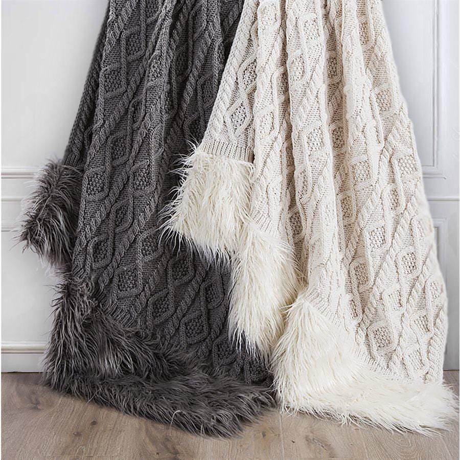 Nordic Cable Knit & Mongolian Fur Throw Blanket | HiEnd Accents