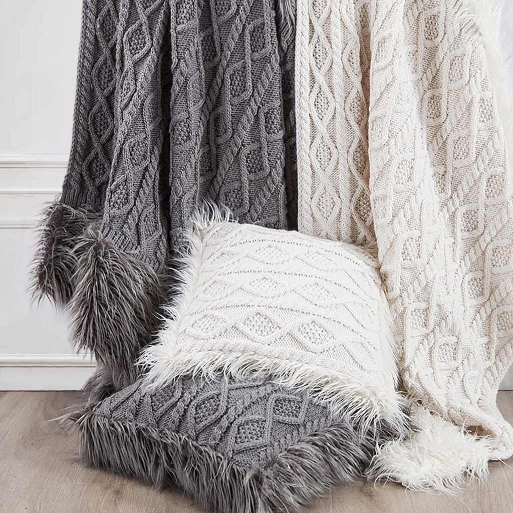 Nordic Cable Knit & Mongolian Fur Throw Blanket | HiEnd Accents