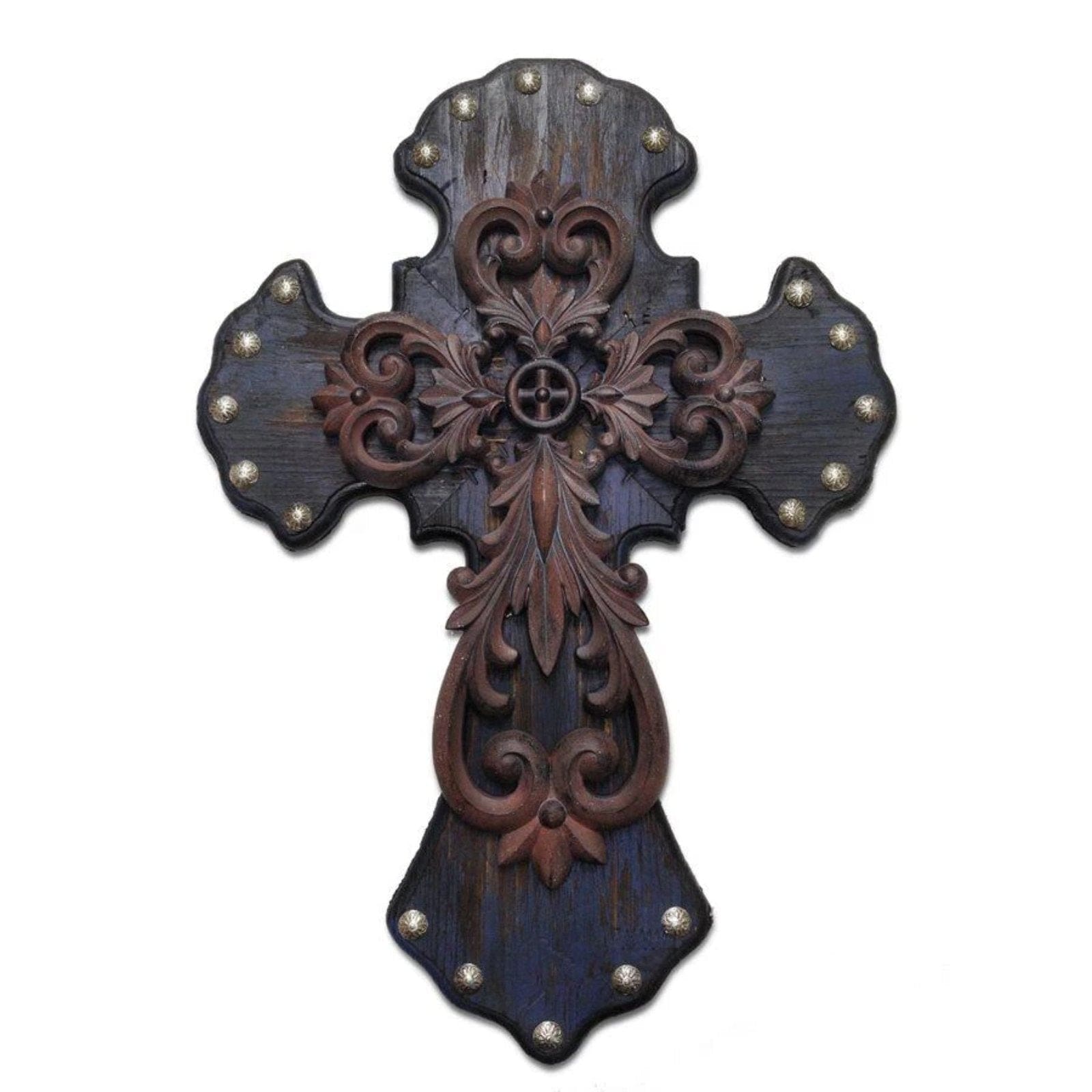 Deep Blue Studded Cross Wall Art w/ Metal Overlay | HiEnd Accents